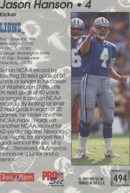 1992 Pro Set Jason Hanson #494 for sale | eBay