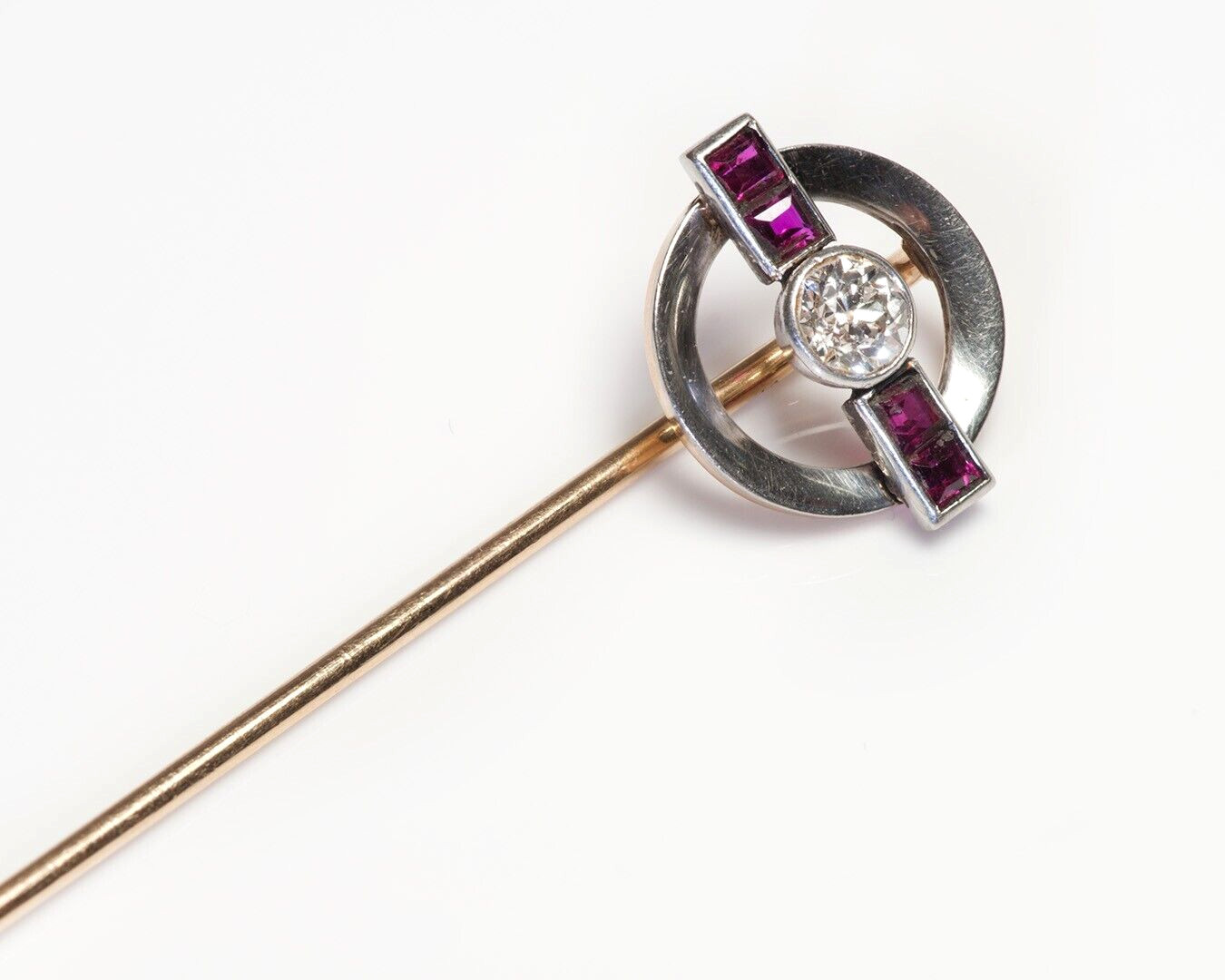 Antique Old Mine Cut Diamond Ruby Gold Stick Pin - Gem