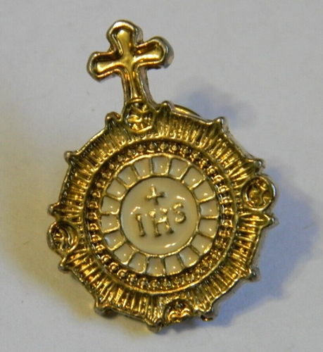 Religious gold tone enamel IHS cross medal hat scarf lapel pin | eBay
