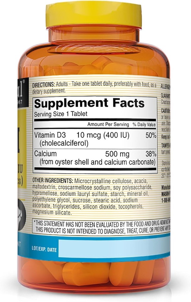 Mason Natural Oyster Shell Calcium 500mg + D3 10mcg, 250 Tablets ...