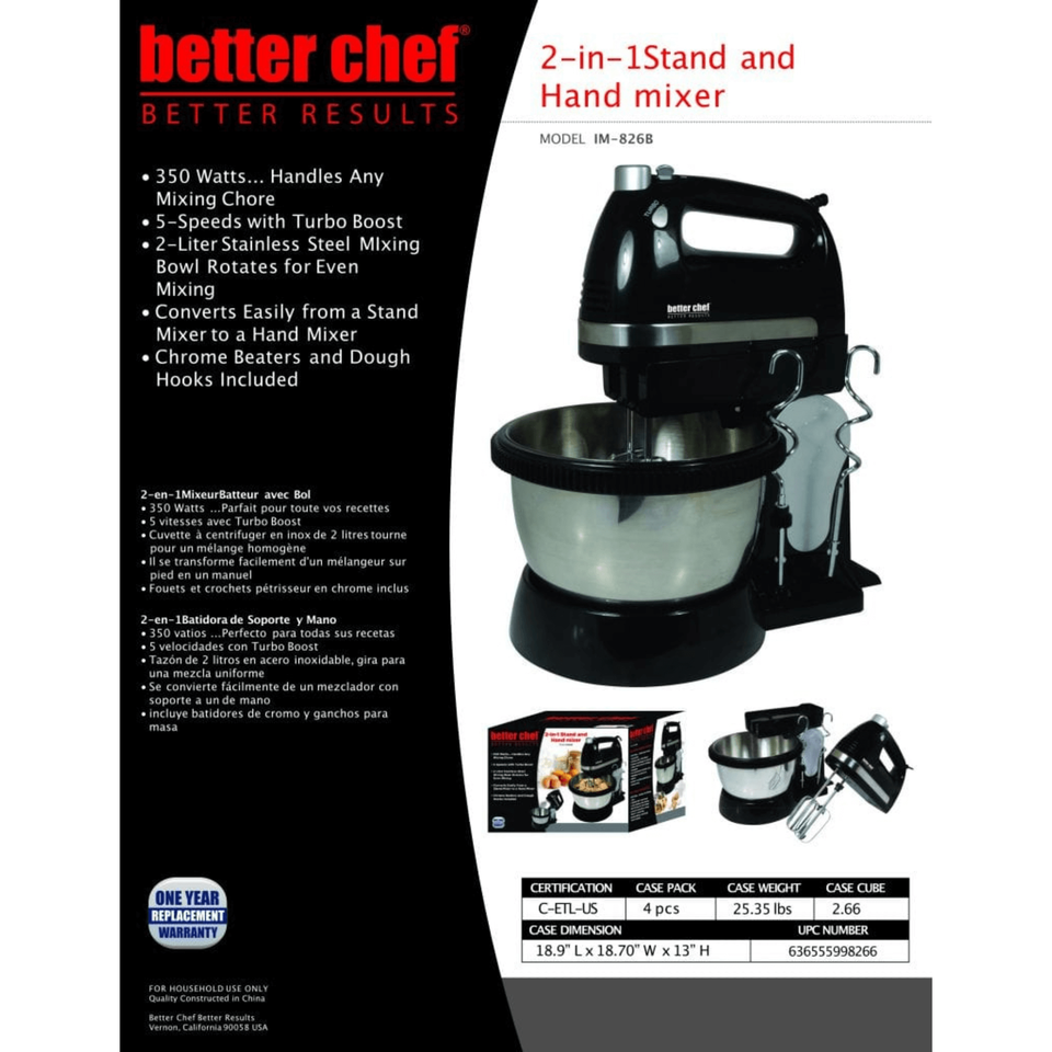 Better Chef 350W 5-Speed-plus-Boost Hand and Stand Mixer w Stainless ...