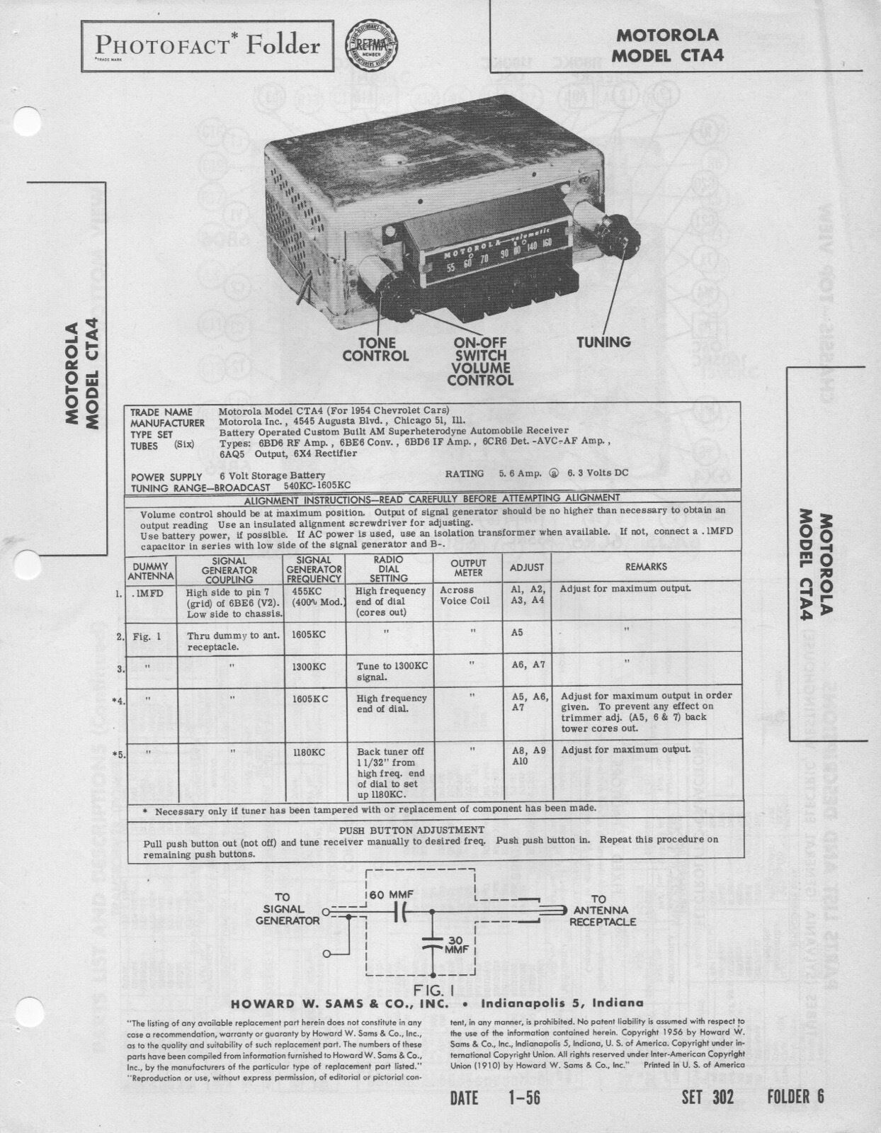 1956 MOTOROLA CTA4 AUTO CAR UNIVERSAL RADIO SERVICE MANUAL PHOTOFACT ...