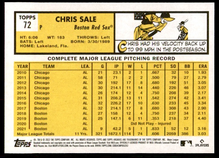 2022 Topps Archives #72 Chris Sale | eBay