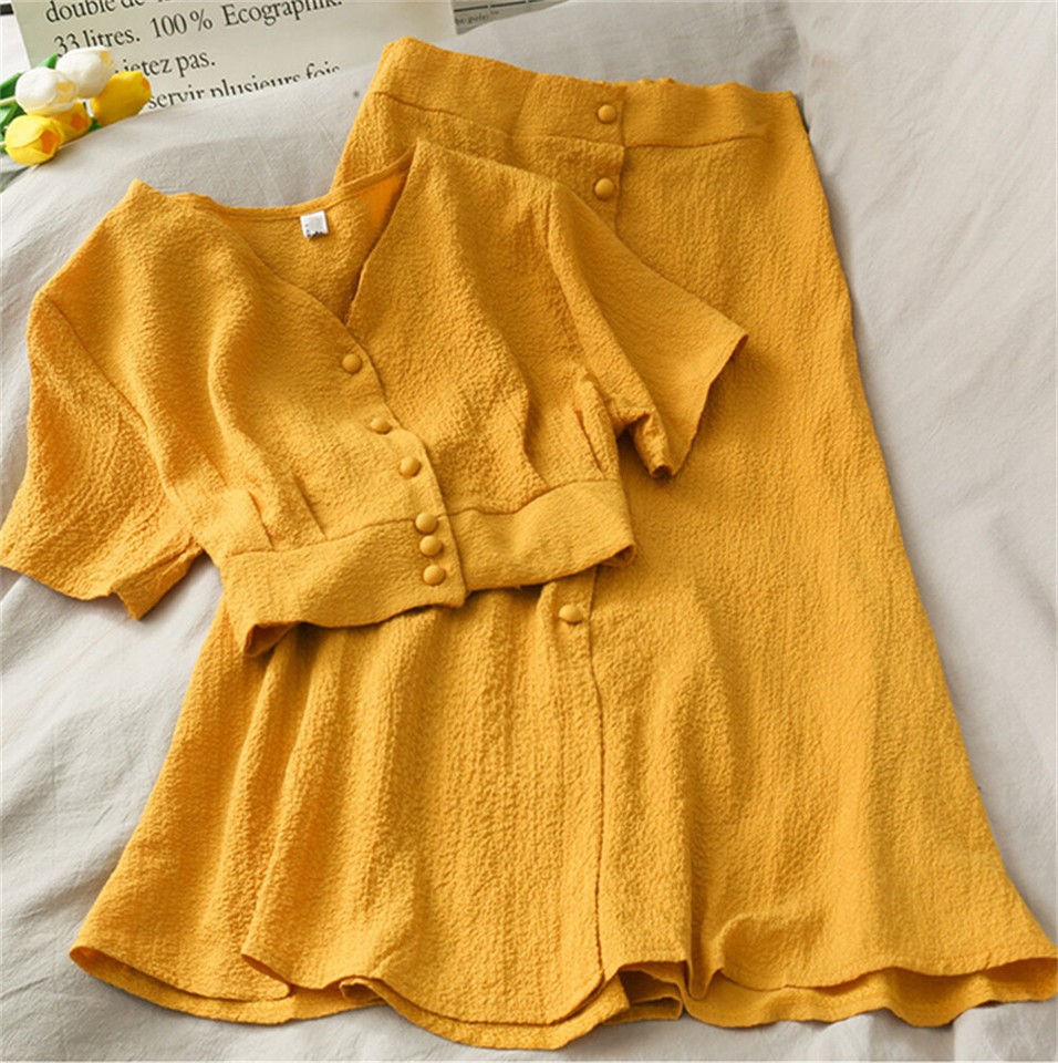 Women's Summer 2 Piece Casual Outfit Short Sleeve Crop Top Midi Skirt ...