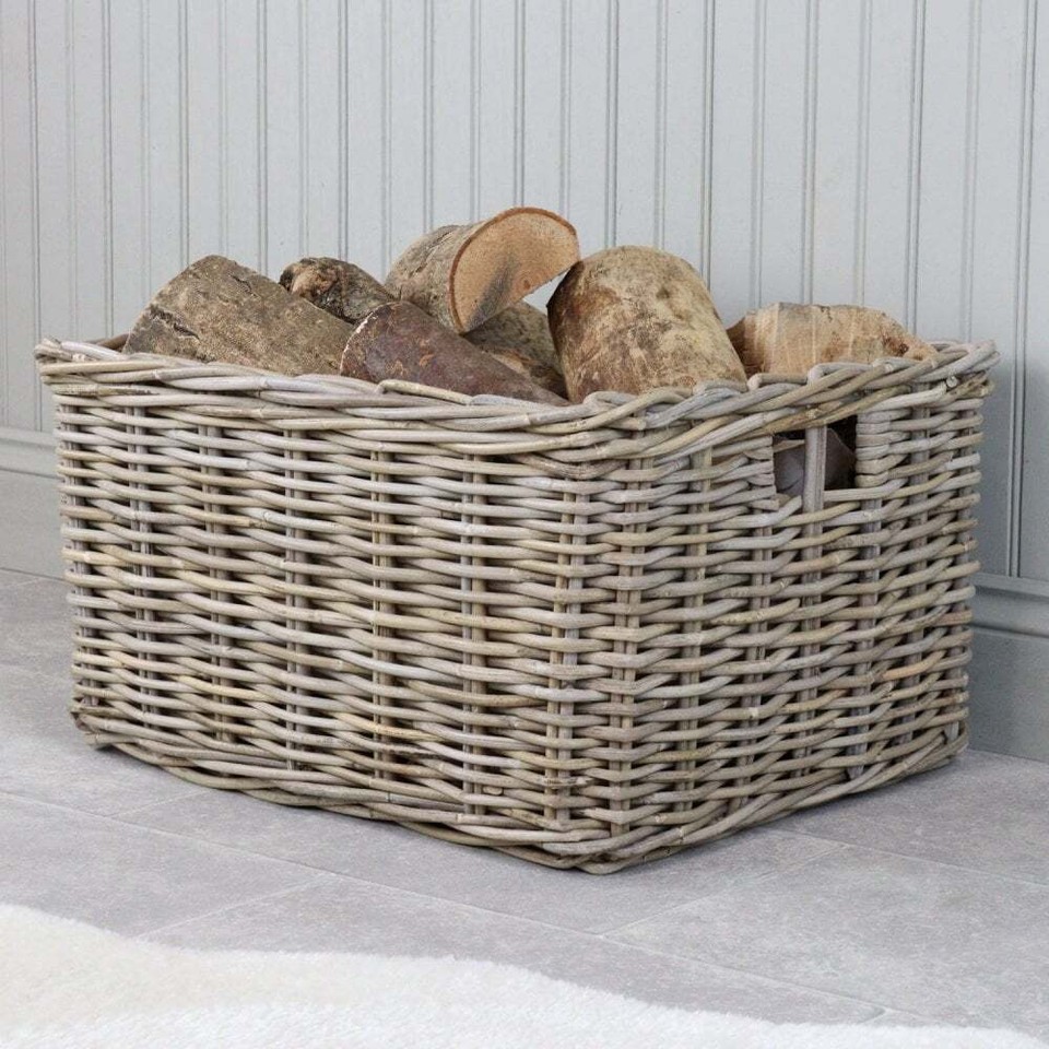 Rectangular Grey & Buff Rattan Deep Wicker Storage Basket Shelf Unit ...
