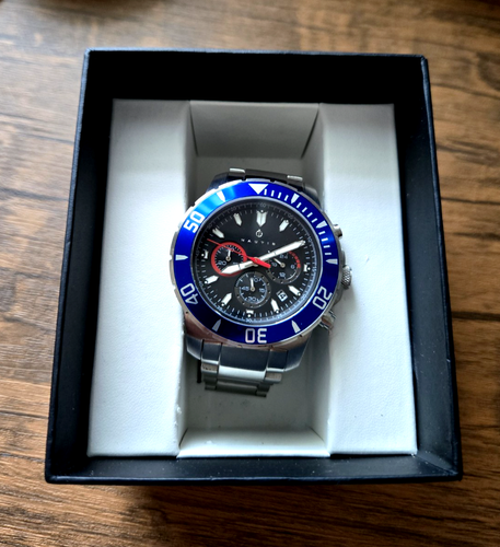 Nautis Dive Chronograph 500 Blue Bezel Black Dial Quartz w Stainless St ...