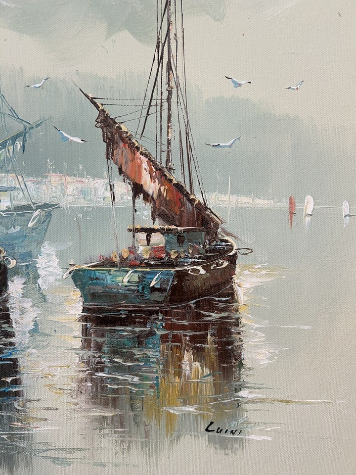 vintage John Luini Original Sea Side Painting Boats At The Dock | eBay