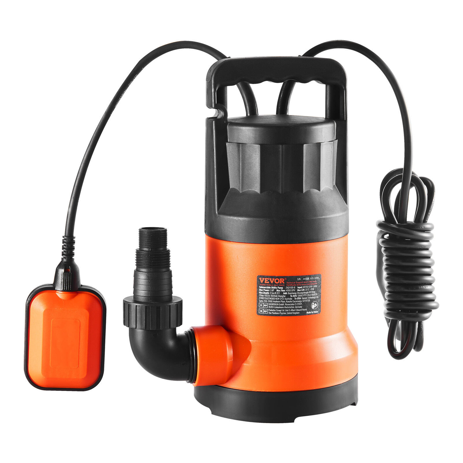 VEVOR Submersible Utility Pump Sump Pump 1 HP 4000 GPH 31 ft Head Water ...