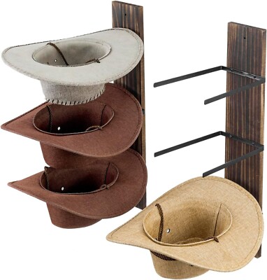 Wall Mounted Brown Wood and Black Metal Hat Rack, Hat Holder w/ Hooks ...