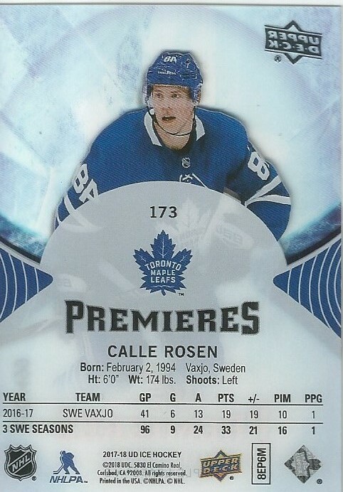 Calle Rosen Toronto Maple Leafs 2017-18 Upper Deck ICE PREMIERES 173 RC ...