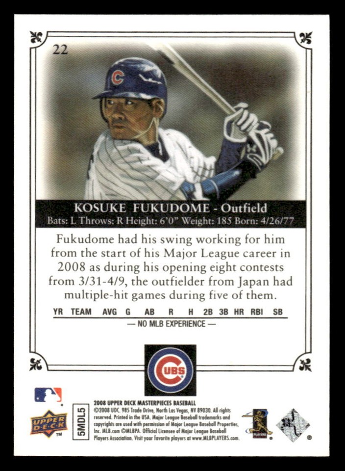 2008 Upper Deck Masterpieces #22 Kosuke Fukudome Rookie Card Chicago Cubs | eBay