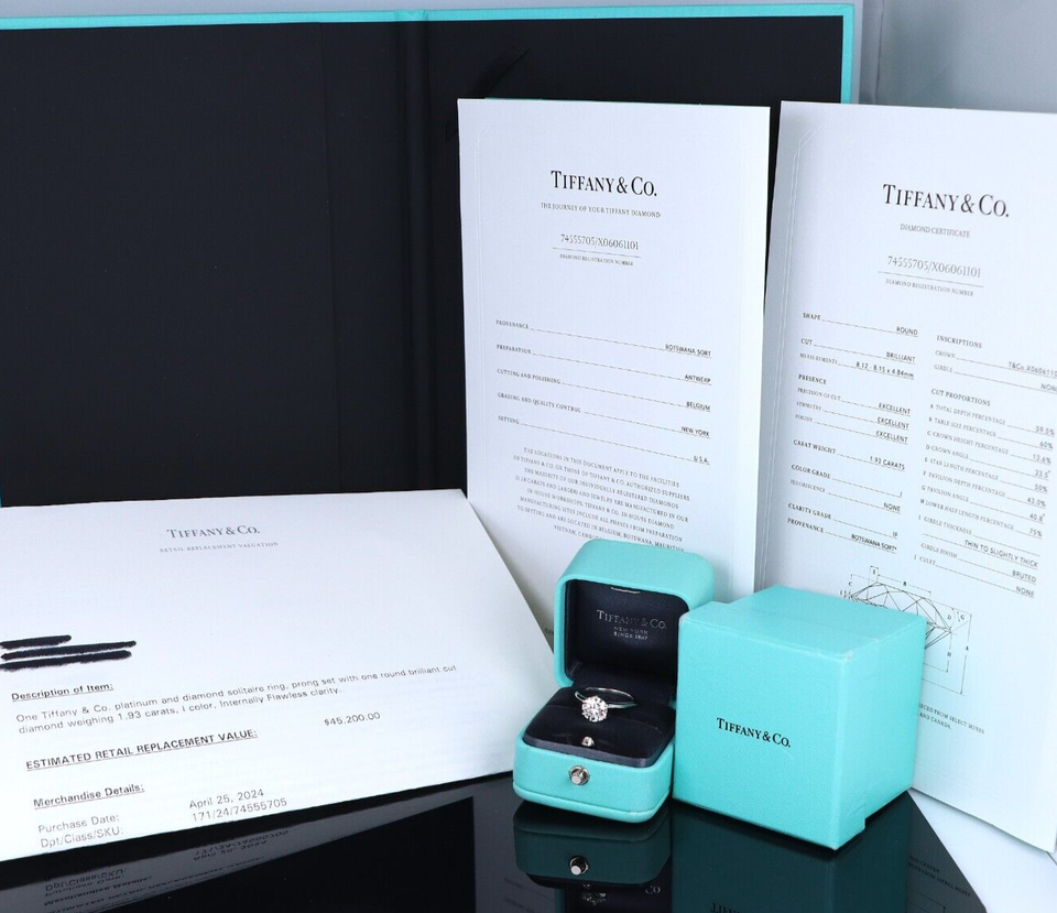 $47,800 Tiffany & Co Platinum 1.93ct Internally Flawless Diamond ...