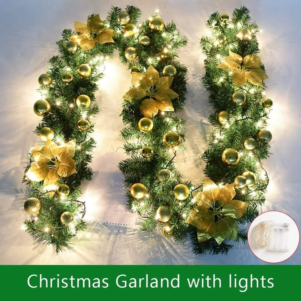 9FT Pre Lit Christmas Garland with Lights Door Wreath Xmas Fireplace ...