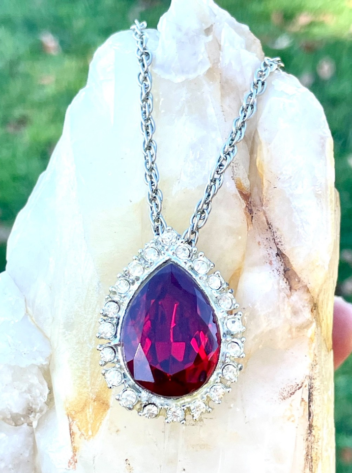 Vtg Large Red Crystal Teardrop Clear Crystal Halo Silver Tone 24 ...