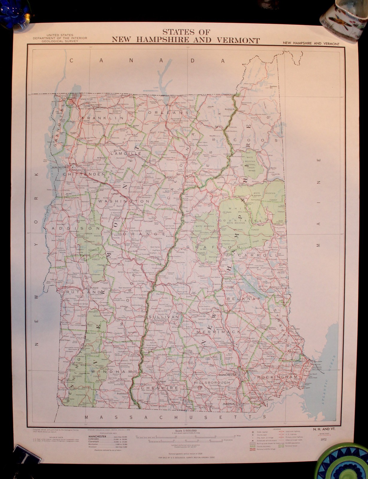 USGS States of VT & NH Base Map 1972 Flat, PRISTINE, ORIGINAL CONDITION ...