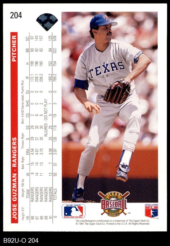 1992 Upper Deck #204 Jose Guzman Rangers 8 - NM/MT | eBay
