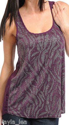 Purple/Silver Zebra Shimmer w/ Sheer Chiffon Back Sleeveless Tank Top S ...