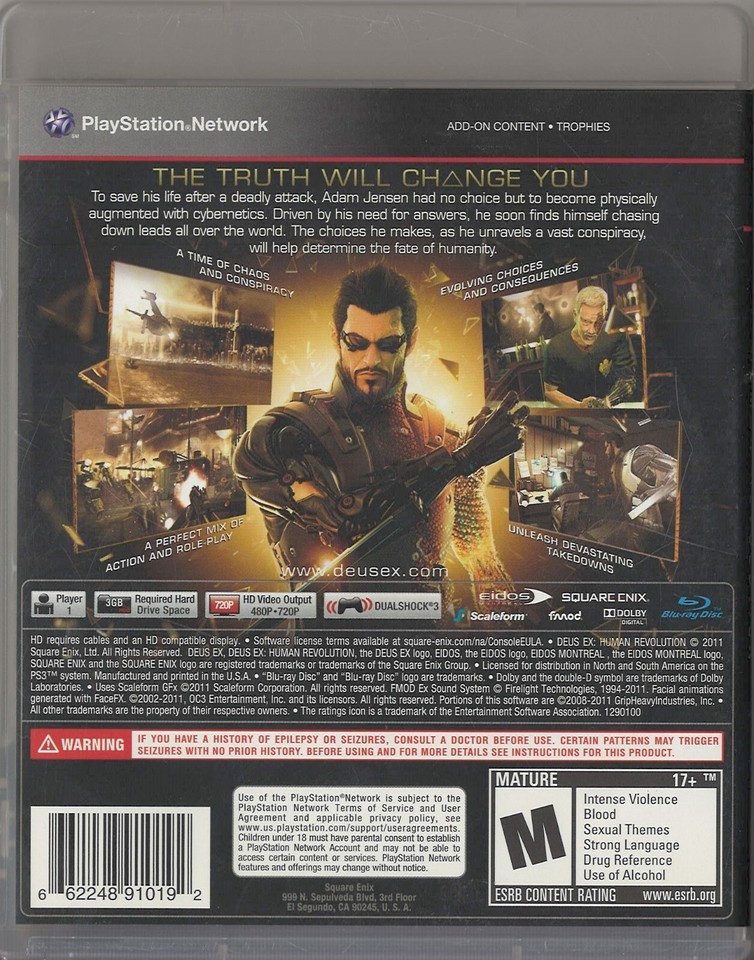 Deus Ex: Human Revolution PS3 Game (Sony PlayStation 3 Game, 2011 ...