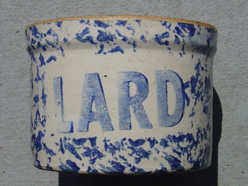 Antique Vintage Primitive Stoneware 2 lb Lard Crock Blue White ...