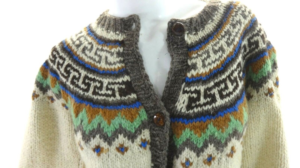 HANDMADE WOMEN'S MULTI COLOR HEAVY WOOL KNIT GEOMETRIC PATTERN SWEATER ...