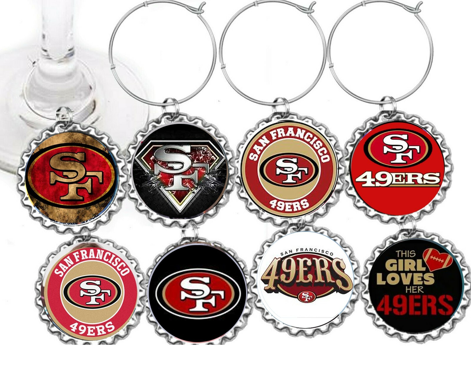San Francisco 49ers party theme wine glass cup charms markers 8 party ...