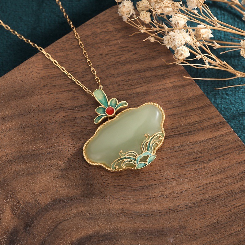Green Jade Pendant Necklace Enamel Charm 18K Gold Plated Chain Safety ...