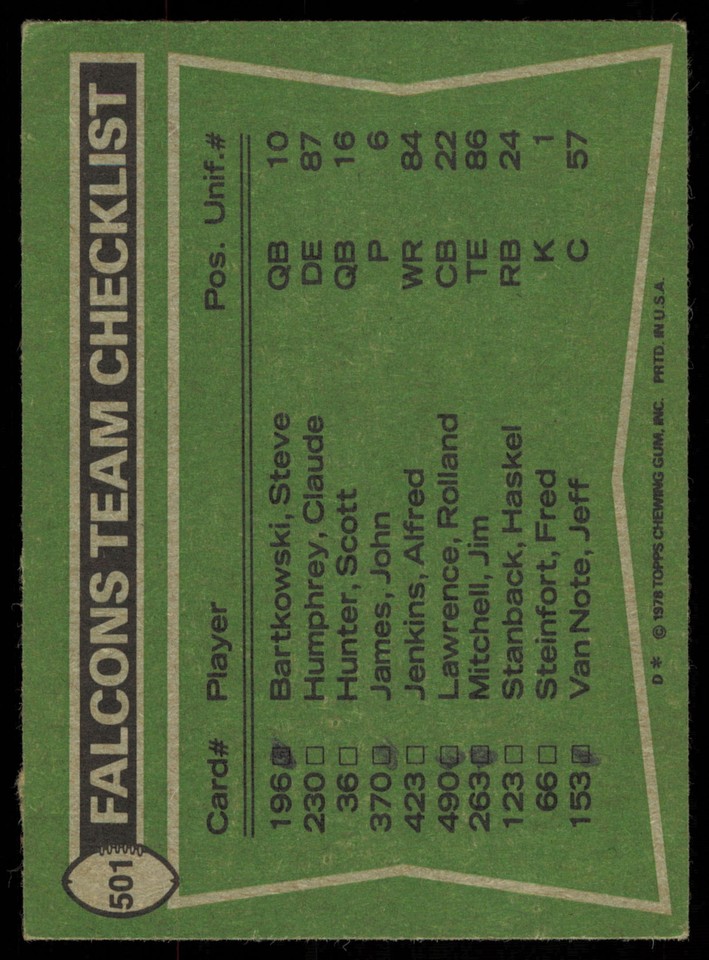 1978 Topps Team Leaders #501 Stanback Jenkins Humphrey Merrow Lawrence ...