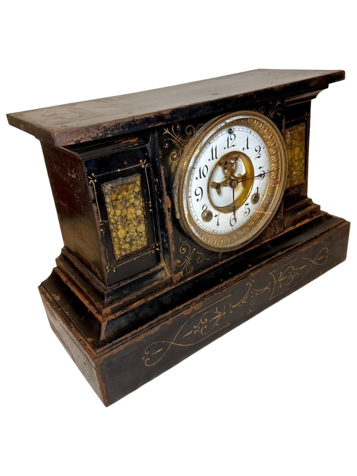 Antique 1881 Pat. Ansonia Black Gilt Cast Iron Mantle Clock Marble 15 X ...