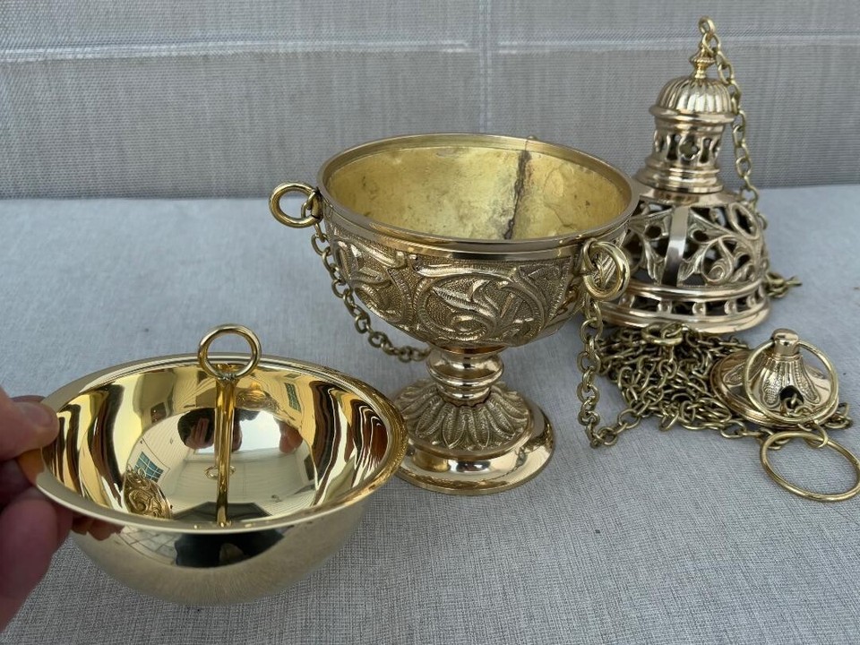 Traditional Triple Chain Brass Church Censer, Thurible w/Liner (Q395 ...
