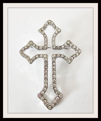 Large Clear Crystal Open Cross Brooch Pin Silver Plated | eBay