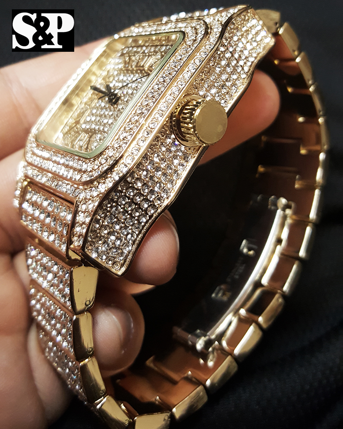 Mens Rick Ross Gold PT Full Iced Bling Hip Hop Lab Simulated Diamonds ...