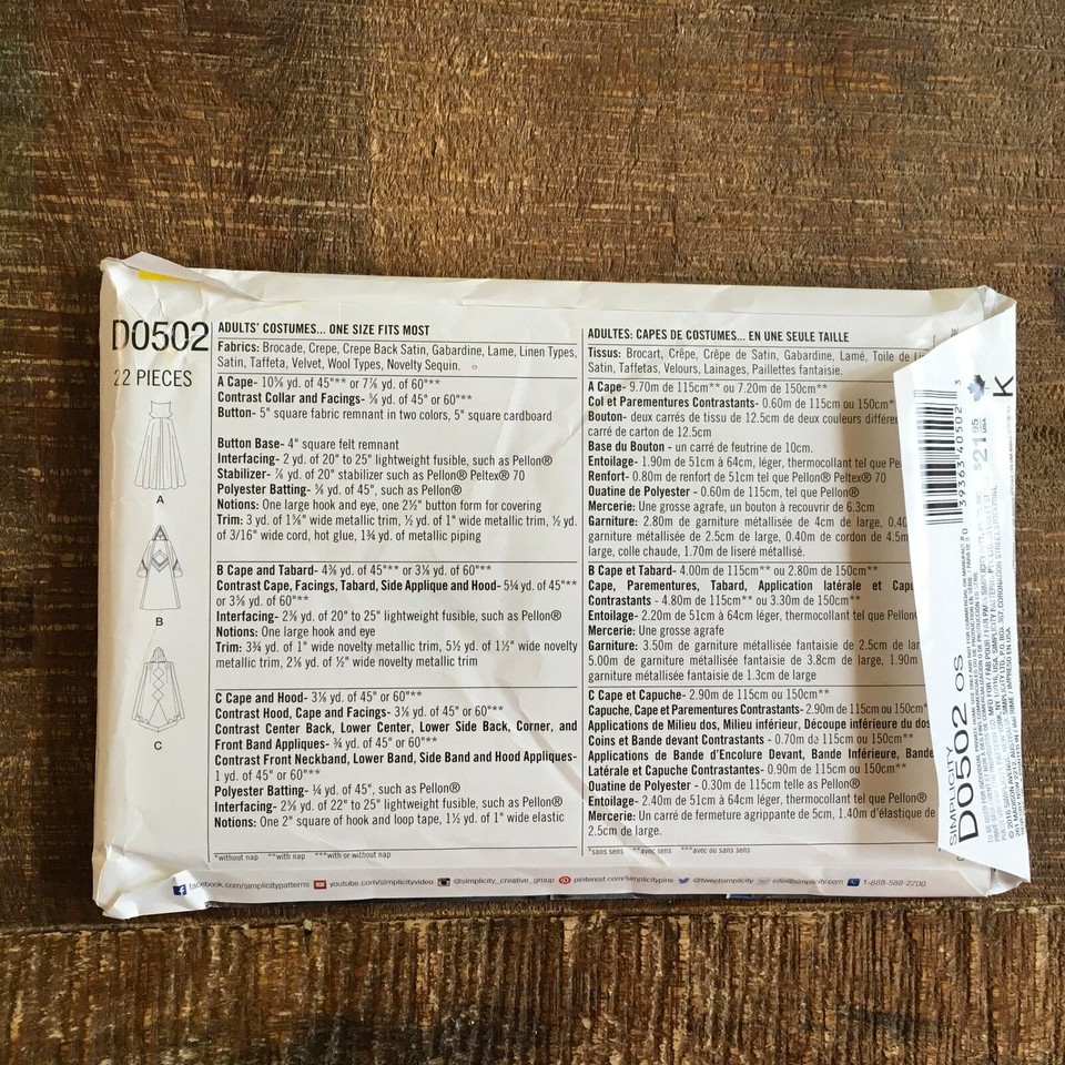 Simplicity Sewing Pattern D0502 Assassin's Creed Hood Cloak Cape One ...