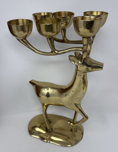 VTG Brass Deer Stag Reindeer Candelabra Large Antler 6 Votive Candle ...