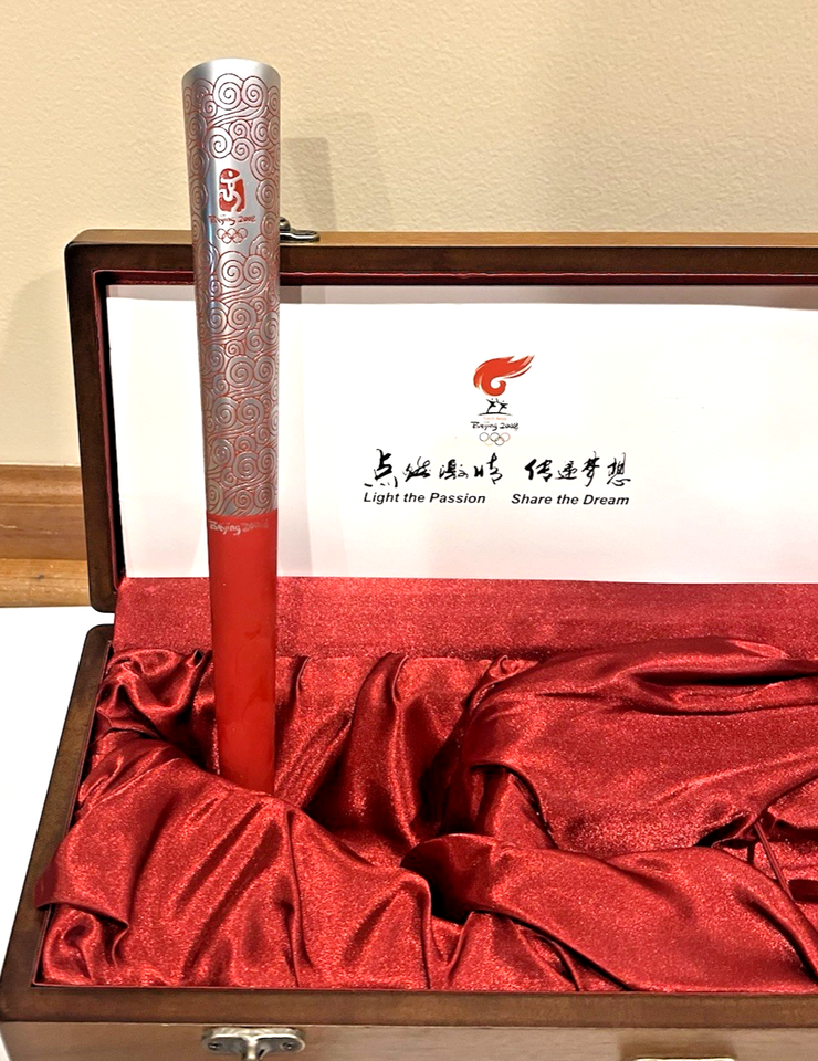 2008 Beijing Olympic Commemorative Torch Replica In A Wooden Box 19 x 6 ...