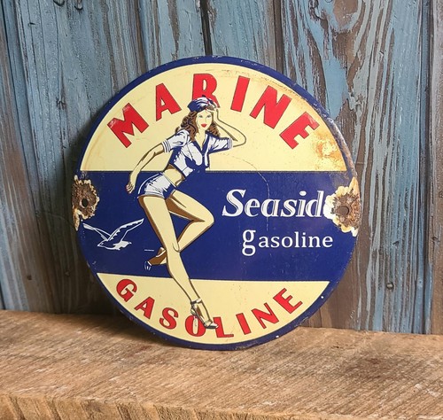 Vintage Marine Seaside Gasoline Pinup Girl Porcelain Metal Sign Boat ...