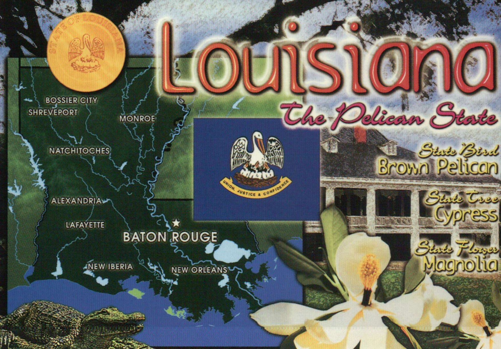 Map of Louisiana, The Pelican State, New Orleans Baton Rouge Flag etc ...