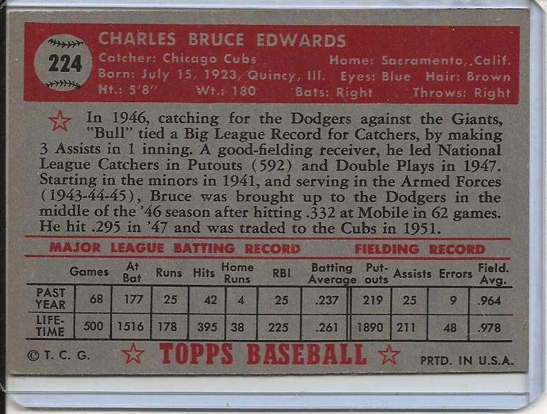 1952 Topps Baseball Card Bruce Edwards Catcher Chicago Cubs R/B NR MT ...