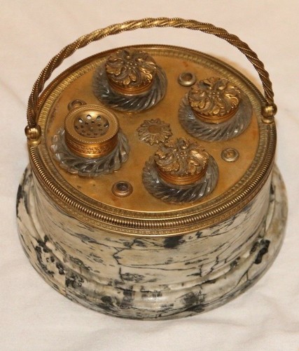 Extremely rare antique round inkstand with large marble body and bronze ...