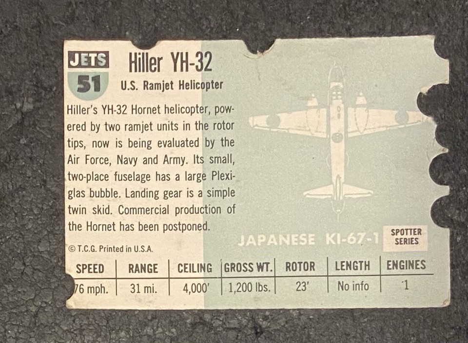 VINTAGE RARE MILITARY Pocked CARD Hiller YH 32 U.S. Ramjet Helicopter ...