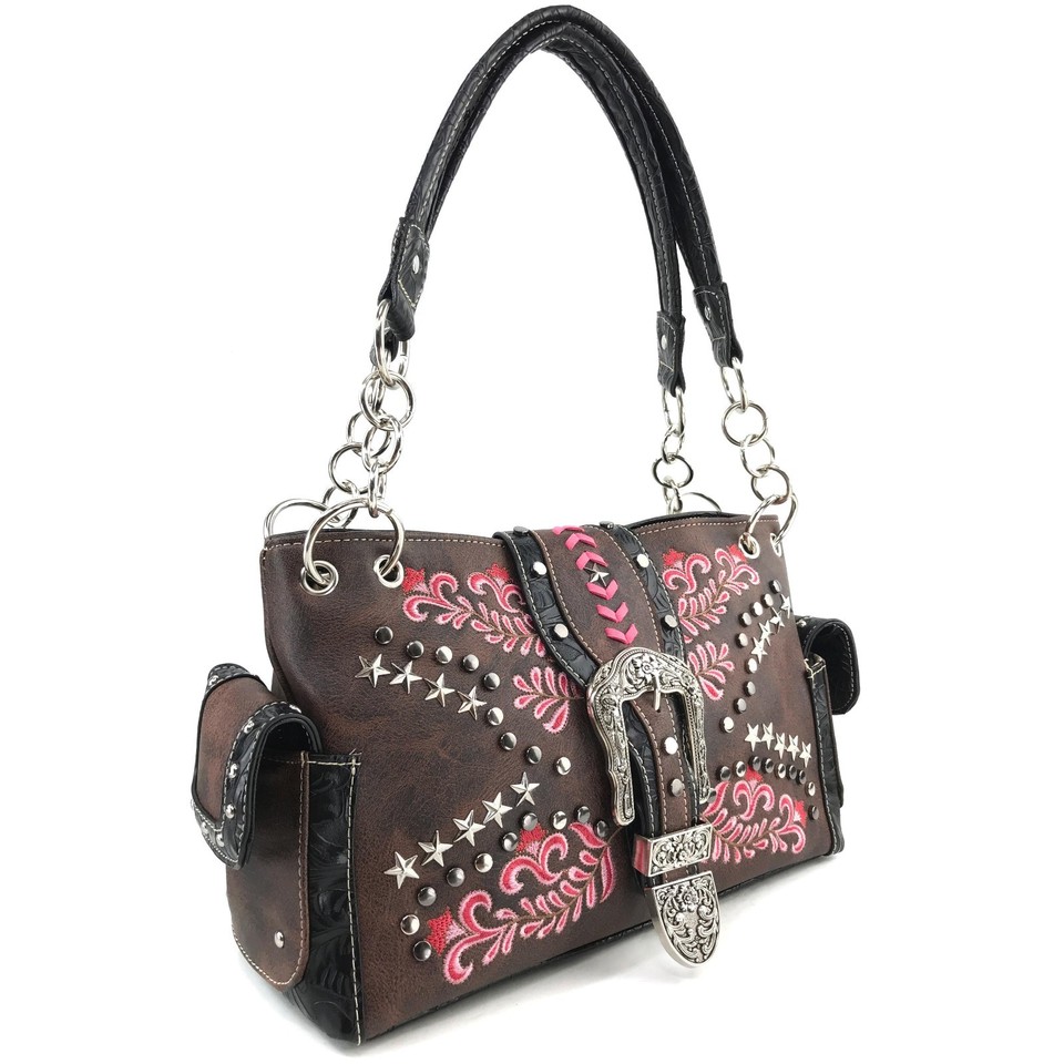 Justin West Buckle Western Floral Embroidery Conceal Carry Handbag ...