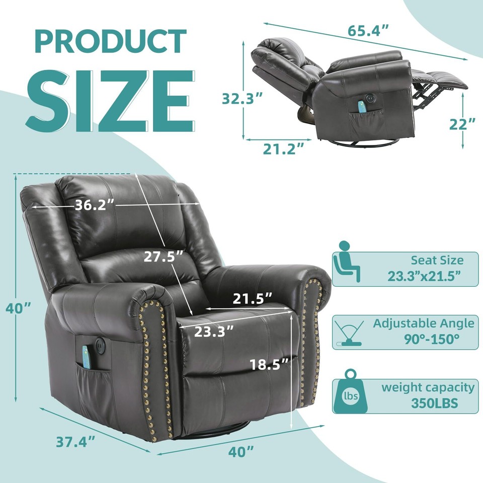 Massage Swivel Rocker Recliner, 360°Swivel Lounge Recliners W/Heat and ...