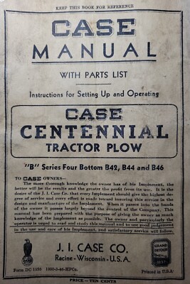 CASE J.I B42 B44 B46 Four Bottom Plow Implement Farm Ag Owner & Parts ...