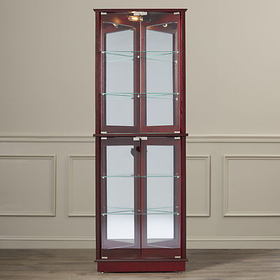 Brown Lighted Glass 3-Sided Corner Display Curio Cabinet Furniture Home ...