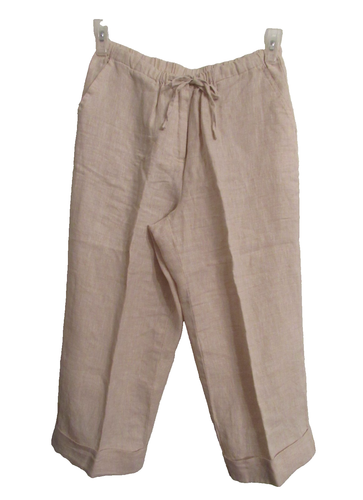 JM COLLECTION Size 8P 100% LINEN DRAWSTRING/ZIP FLY WIDE LEG CUFFED ...