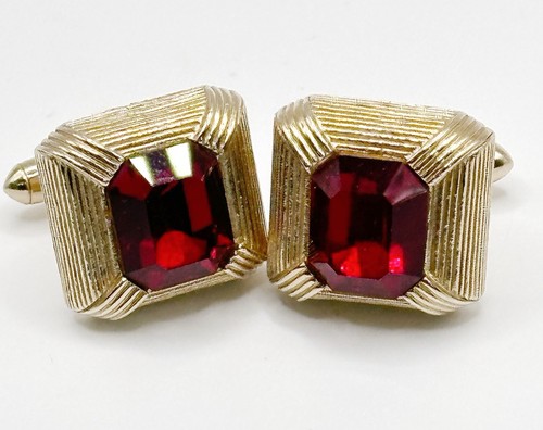 Swank Ruby Red Rhinestone Squared Ridged Cufflinks Goldtone | eBay