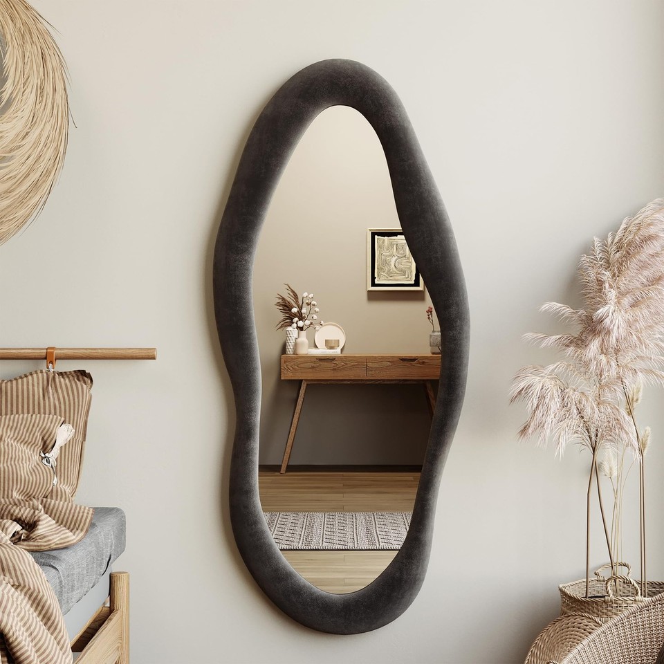 55" x 24" Wavy Mirror, Flannel Wrapped Wooden Frame, Irregular Hanging ...