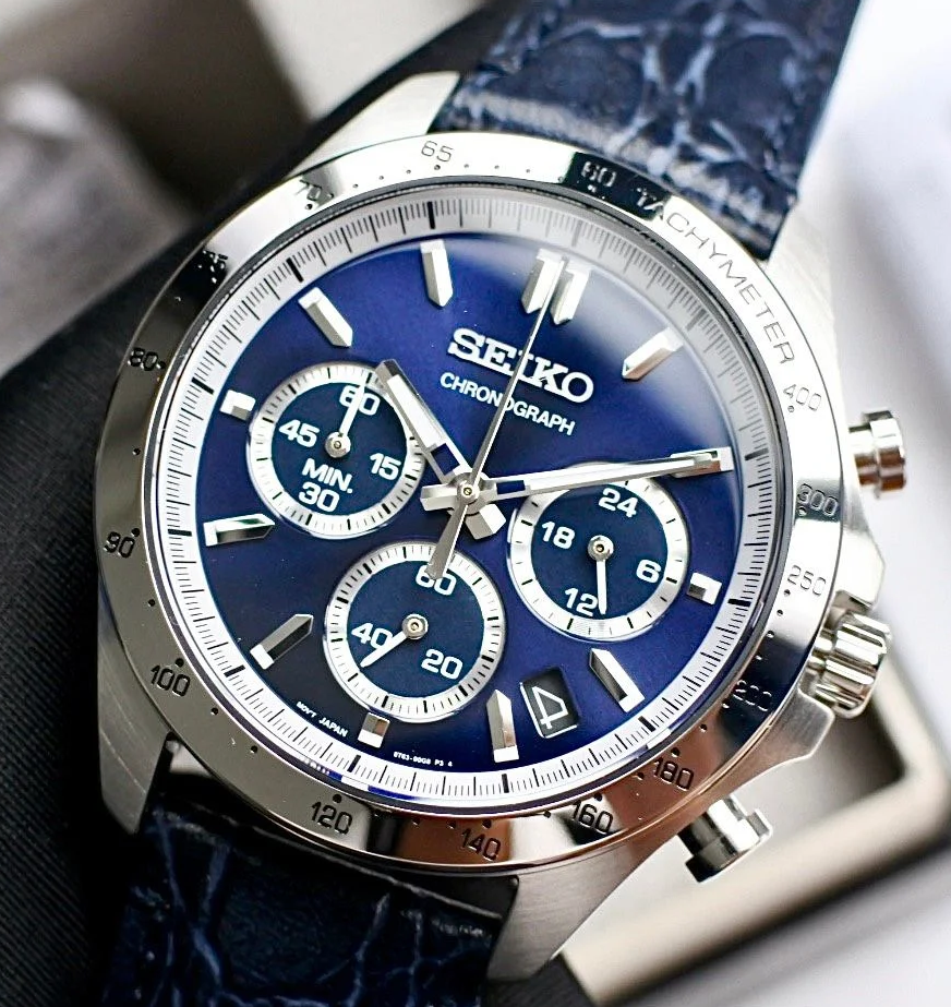 Seiko Spirit SBTR019 Chronograph Blue Dial Leather Band Men's Watch | eBay