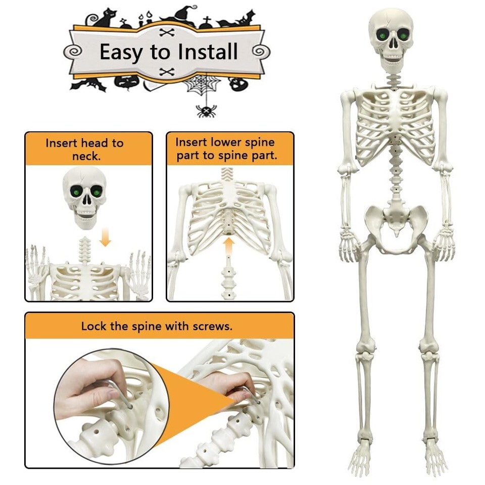 5.4Ft Halloween Skeleton, Full Size Posable Skeleton with Glowing Eyes ...