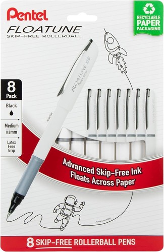 Pentel Floatune Skip Free Rollerball, 0.8mm Med point, Black Ink, Pack ...