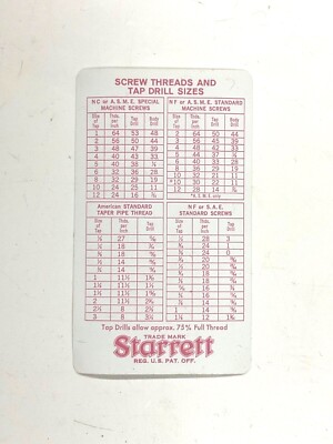VINTAGE STARRETT TOOLS DECIMAL EQUIVALENT & TAP DRILL SIZES POCKET ...